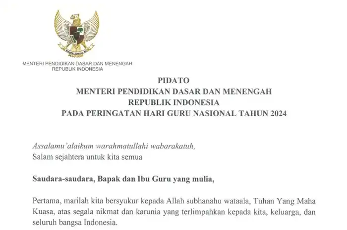 Link PDF Pidato Menteri Pendidikan Dasar dan Menengah Hari Guru 2024 - Sonora.id